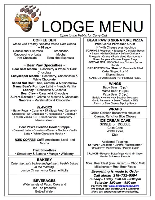 Lodge Menu - Bear Paw Resort